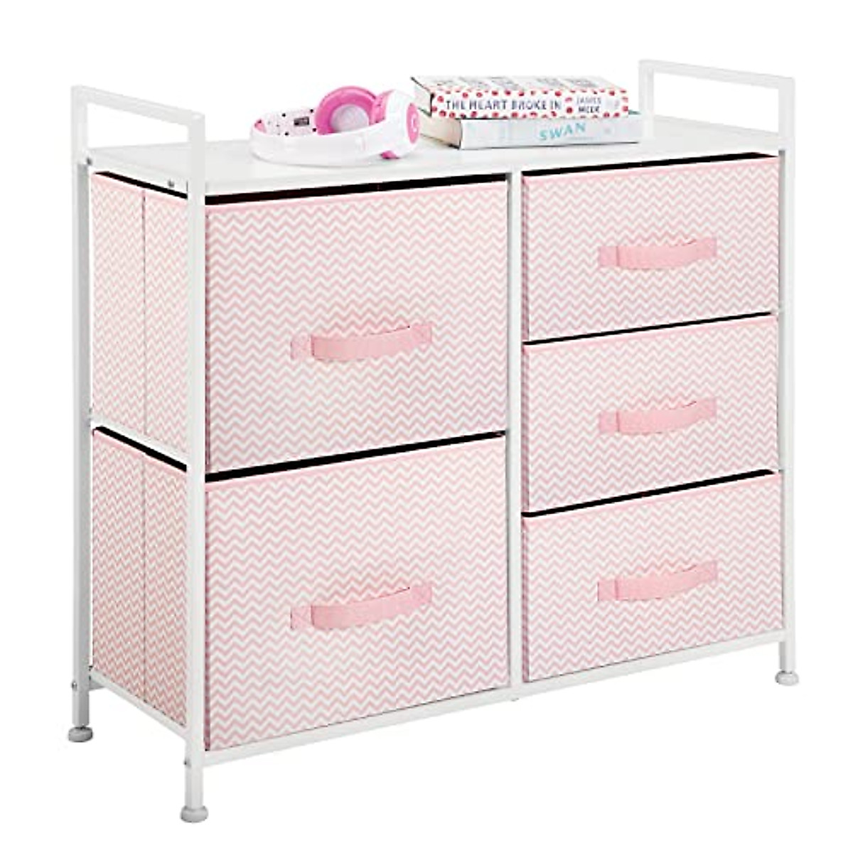 mDesign 30.03" High Steel Frame/Wood Top Storage Dresser Furniture Unit with 5 Removable Fabric Drawers - Tall Bureau Organizer for Bedroom, Living Room, Closet - Spira Collection - Pink/White