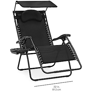 Best Choice Products Oversized Steel Mesh Zero Gravity Reclining Lounge Patio Chair w/Folding Canopy Shade and Cup Holder, Black