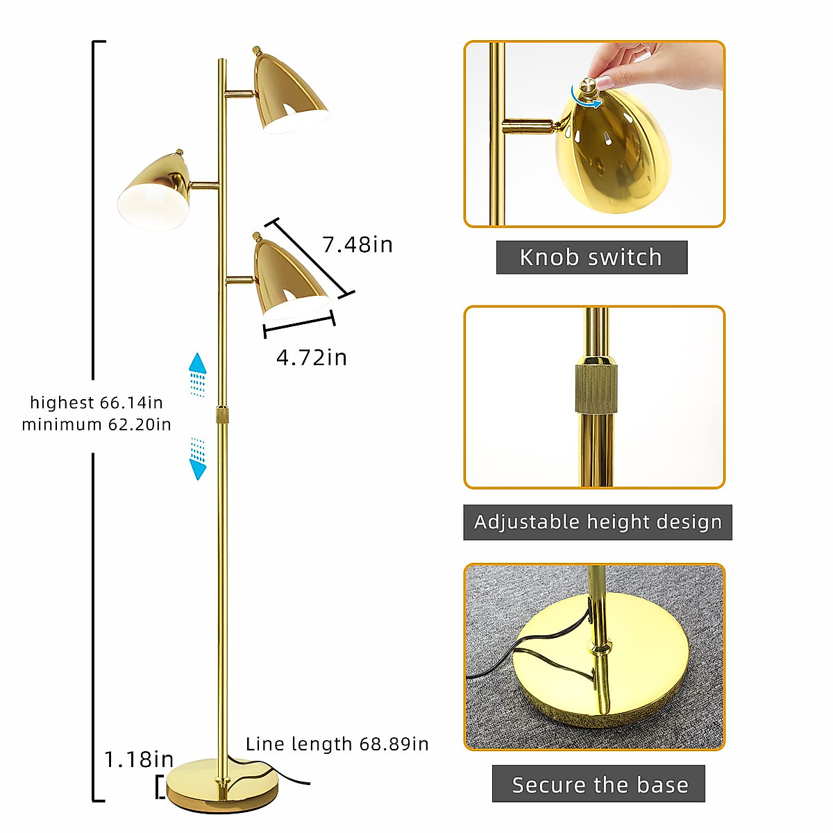 Tree Floor Lamp for Living Room, Industrial 3-Light Standing Lamp with 3 LED Bulbs, Adjustable Rotation Heads, Standing Tall Pole Lamp Farmhouse Rustic Reading Lamps for Bedroom Office (Gold)