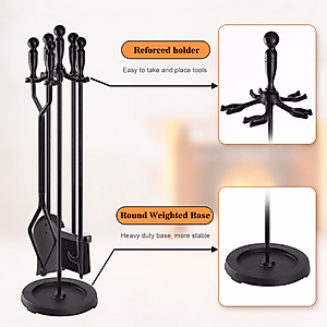 Gtongoko Fireplace Tools Set 5 Pcs 30.5 Inch Black Wrought Iron Large Fire Place Tool Set Indoor/Outdoor Include Poker, Shovel, Brush, Tong and Round Stand, Fireplace Kit Accessories Set