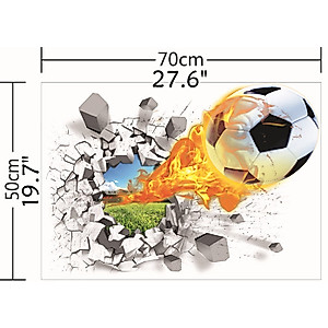 U-Shark® 3D Self-Adhesive Removable Break Through The Wall Vinyl Football Soccer Wall Stickers/Murals Art Decals Decorator as Kids Birthday Gift (Flying Fire Football (19.7" X 27.6"/ 50 X 70cm))