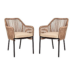 EMMA + OLIVER Talmadge Natural Woven All-Weather Outdoor Two-Piece Club Chair Set with Coordinating Ivory Cushions for Porch, Backyard and Patio