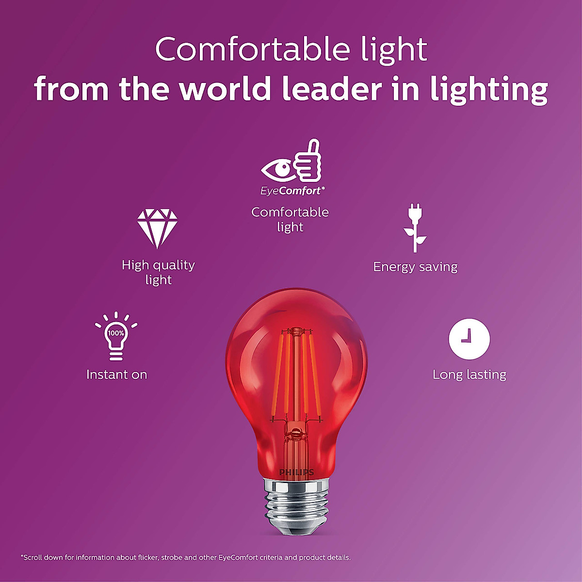 Philips LED 538207 A19 Party Bulbs: Filament Glass, 4-Watt (40-Watt Equivalent), E26 Medium Screw Base, Red Light, 6-Pack