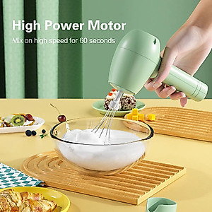 MOSHOU Cordless Hand Mixer, 3 Speed Electric Whisk USB Rechargeable Handheld Electric Mixer, 304 Stainless Steel Beaters & Whisk, for Lattes, Butter, Cakes,Egg, Milk, Cookies (Green)