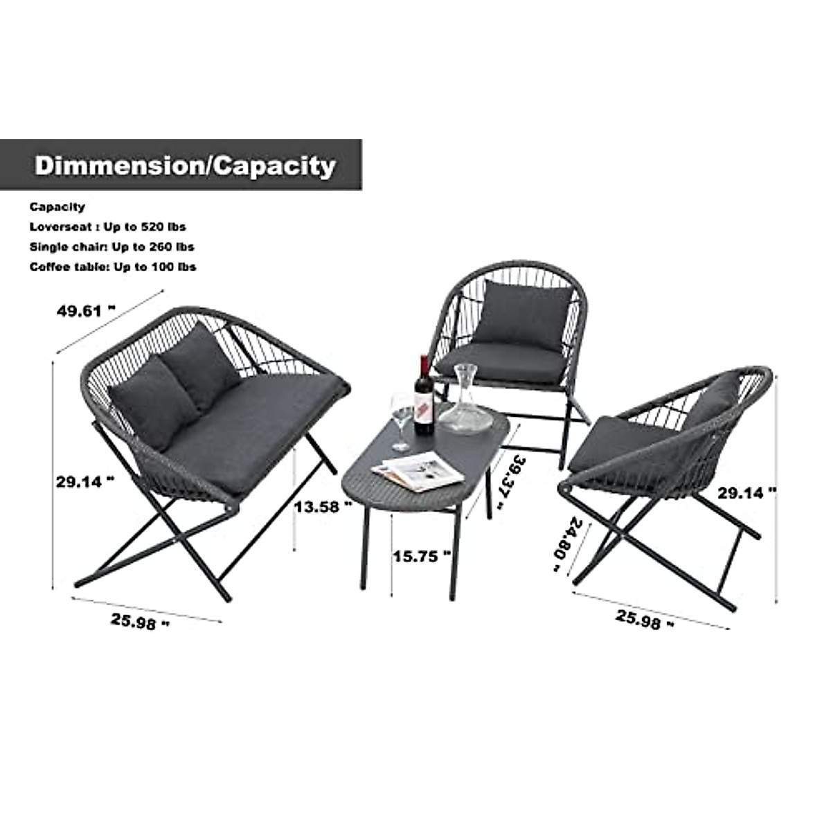 Brafab 4-Piece All-Weather Wicker Patio Furniture Set, Outdoor Furniture with Olefin Cushions, Patio Conversation Sets with Steel Frame, for Backyard Porch Deck Garden Balcony Poolside, Dark Grey