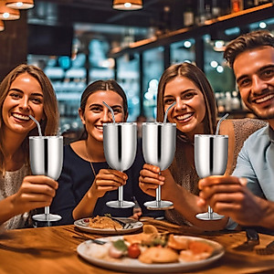 Photect 6 Pack Stemmed Stainless Steel Wine Glasses with Lid 10 oz Double Wall Insulated Wine Tumbler Unbreakable Goblets with Drinking Straw and Straw Brush for Wedding Valentine's Day Party