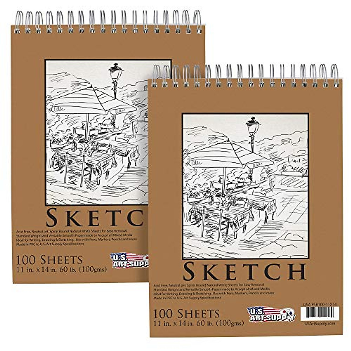 U.S. Art Supply 11" x 14" Top Spiral Bound Sketch Book Pad, Pack of 2, 100 Sheets Each, 60lb (100gsm) - Artist Sketching Drawing Pad, Acid-Free - Graphite Colored Pencils, Charcoal - Adults, Students