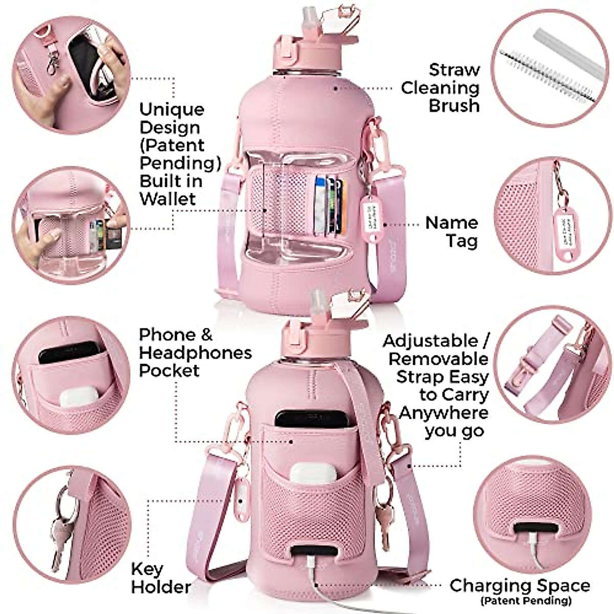Half Gallon 2.2L Water Bottle With Straw 74oz Large Gym Water Bottle With Storage Sleeve, Bottle Brush, BuiltIn Wallet, Pockets for Phone & AirPod, BPA Free Big Sports Water Jug w/Carry Handle, Pink