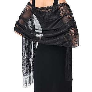 BRYCTSISEN Women’s Floral Lace Shawls and Wraps for Evening Dress Fringe Lace Pashmina Scarf for Wedding Costume Party (Black)