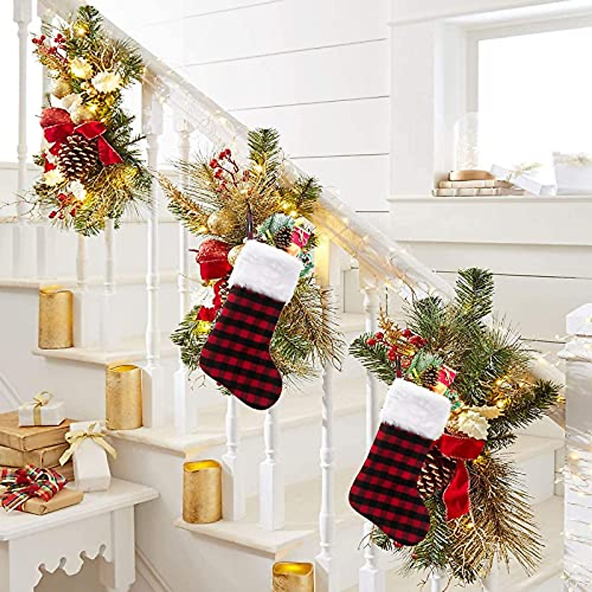 EPHVODI 2 Pack Christmas Stockings, 18" Red Black Buffalo Plaid with Plush Faux Fur Cuff, Classic Large Christmas Stockings Decorations for Family Christmas Holiday Party Decor