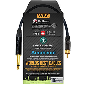 WORLDS BEST CABLES 0.5 Foot – TS to RCA Cable – Gotham GAC-4/1 (Black) Star-Quad Audio Interconnect Cable & Neutrik NP2X-B & Amphenol ACPL-CBK Gold Plugs - CUSTOM MADE
