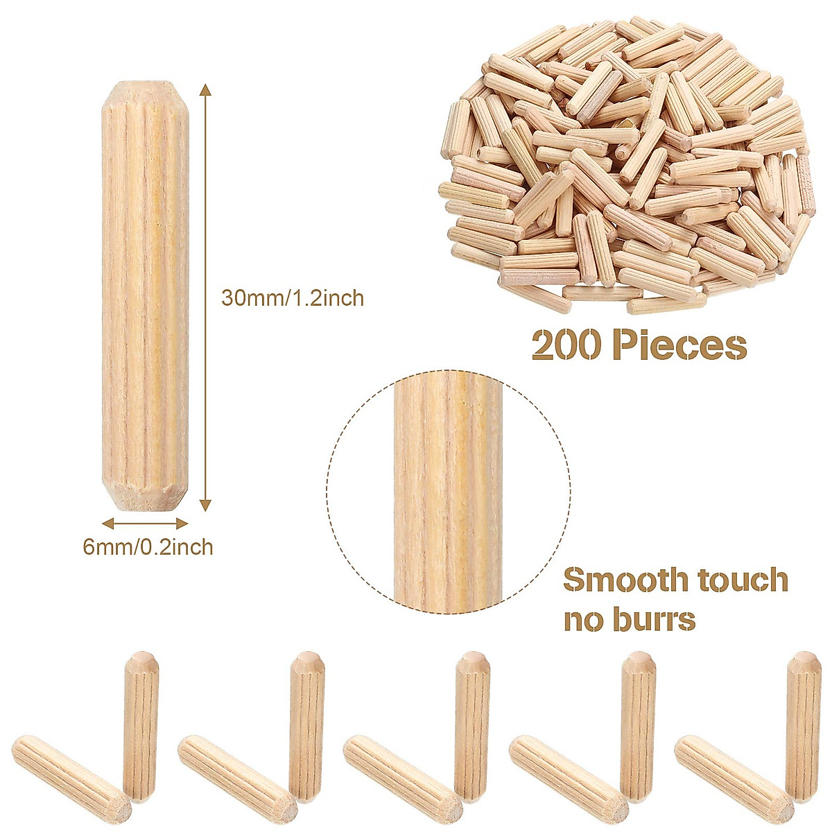 Yookeer 200 Pieces 1/4 x 1.2 Inch Fluted Wood Dowel Pins Wood Kiln Dried Fluted and Beveled Ends Tapered Straight Grooved Pins for Easy Insertion Furniture Door Crafts Projects