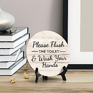 Round Please Flush The Toilet & Wash Your Hands, Light Wood Color Bathroom Table Sign with Acrylic Easel (5 x 5")