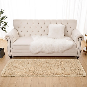 Toneed Fluffy Runner Rug for Bedroom Living Room, 2 x 6 Feet Beige Shaggy Rug Super Soft Modern Indoor Area Rug Fuzzy Plush Carpet for Dorm Nursery Kids Room Home Decorative