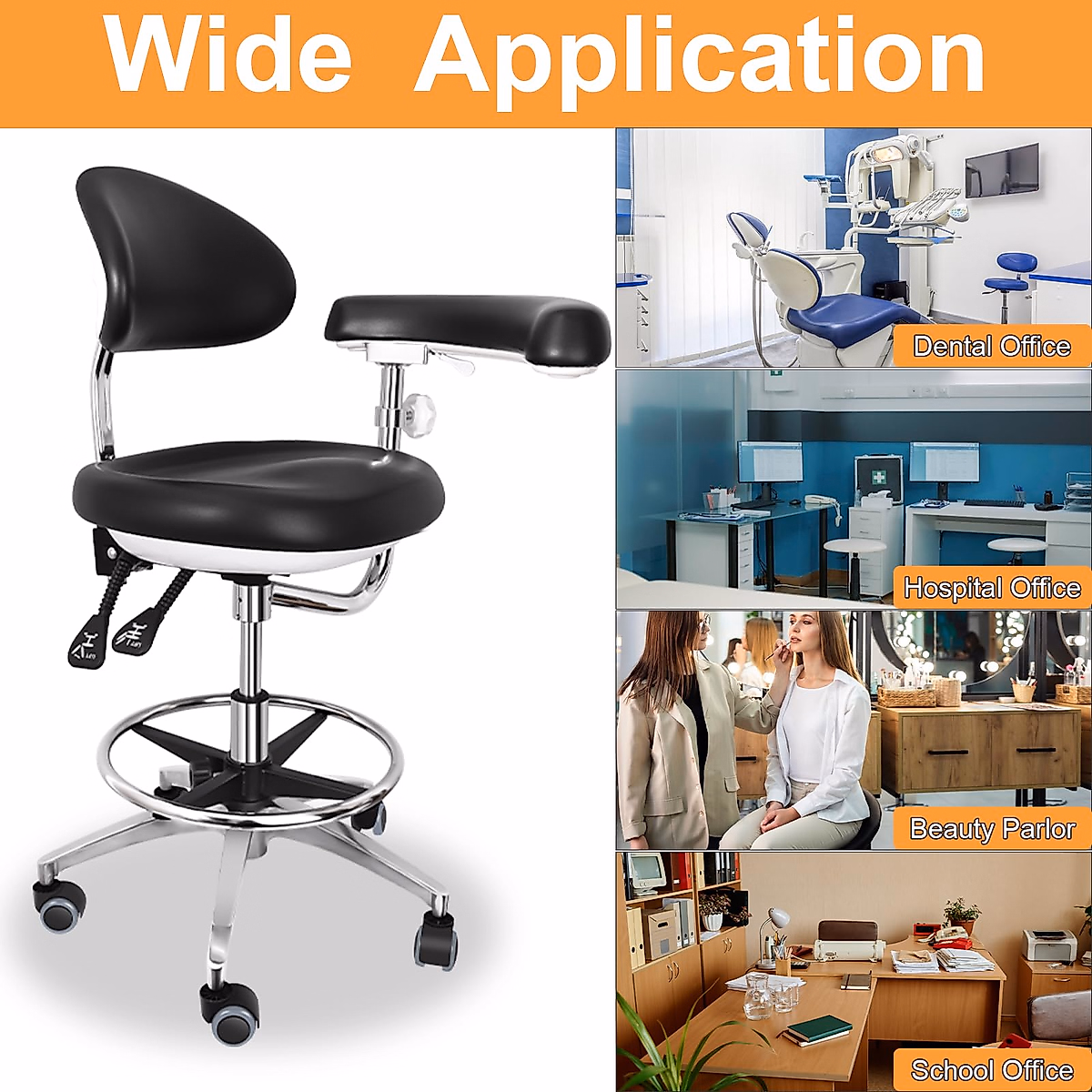 Helivivfy Dental Assistant Chair,Dentist Chair with 360° Rotation Armrest,Dental Stool with Adjustable Backrest and Height Soft PU Leather Black