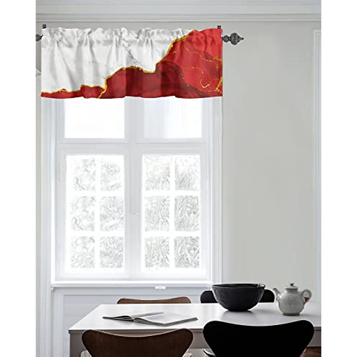 Curtain Valance for Windows Red White Gradient Marble Gold Edge Kitchen Valances Rod Pocket Short Curtains,Simple Abstract Art Window Treatment Panel for Living Room Bathroom Bedroom 60x18in