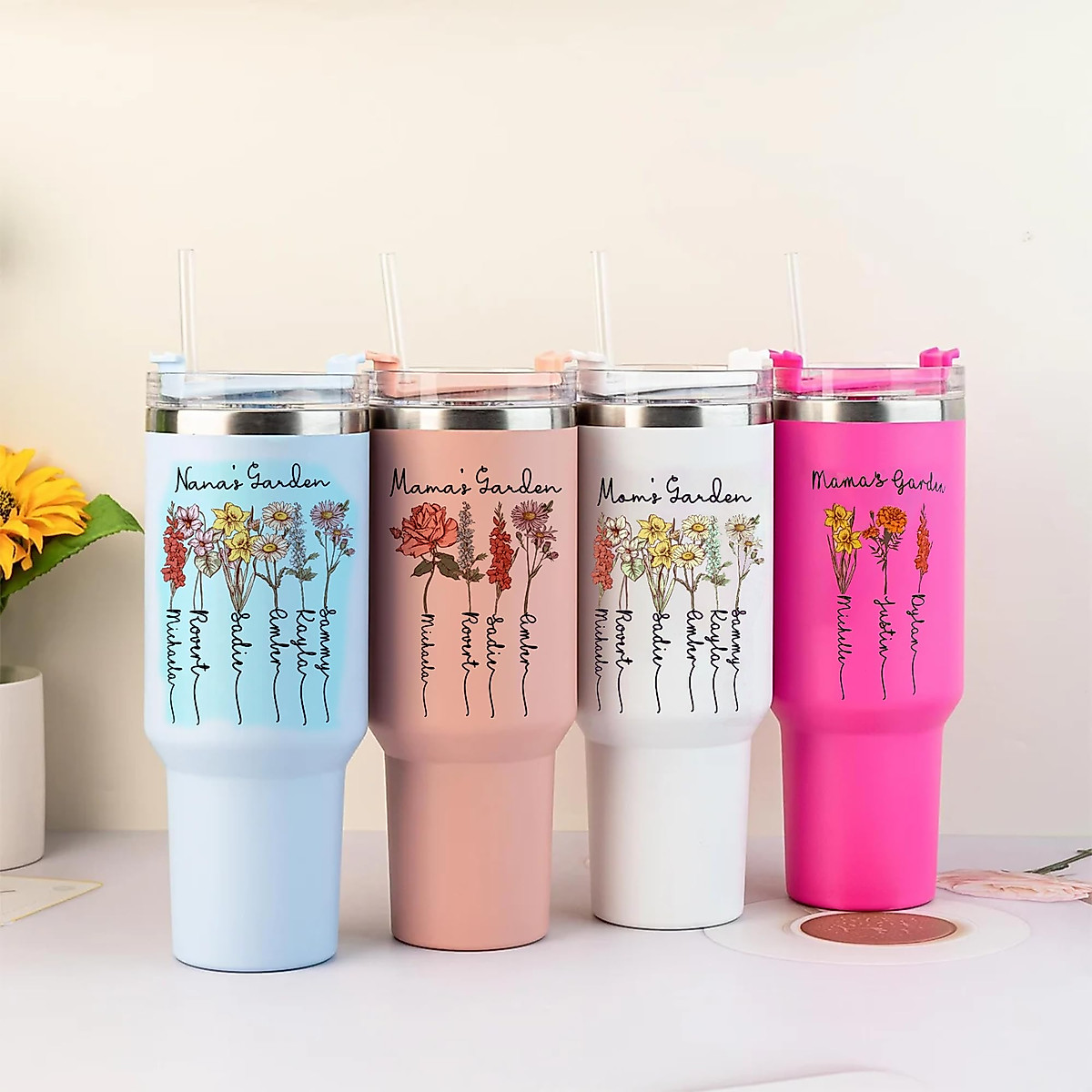 Personalized Birth Month Flower with Kid's Names 40oz Mom Tumbler, Mother's Day Unique Gift 2025, Gift for Grandma, Mother's Tumbler Custom Colors, Personalized Mom Gifts 1