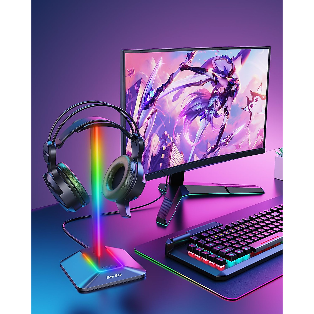 New bee RGB Headphone Stand Desk Gaming Headset Holder with 7 Light Modes and Non-Slip Rubber Base Suitable for All Earphone Accessories(Black)