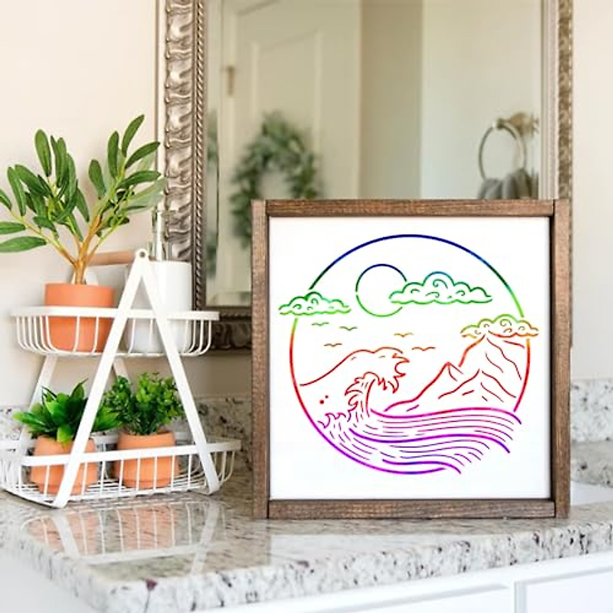 Pkqon Boho Stencils for Painting Nature Mountain Moon Sun Drawing Stencil Leaf Landscape Paint Template on Wood Wall Art Crafts Shirt Canvas Furniture Paper (Mountain) white