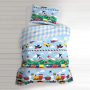 Dream Factory Kids 2-Piece Easy-Wash Super Soft Cotton Comforter and Pillow Sham Set, Twin, Blue Trains and Planes