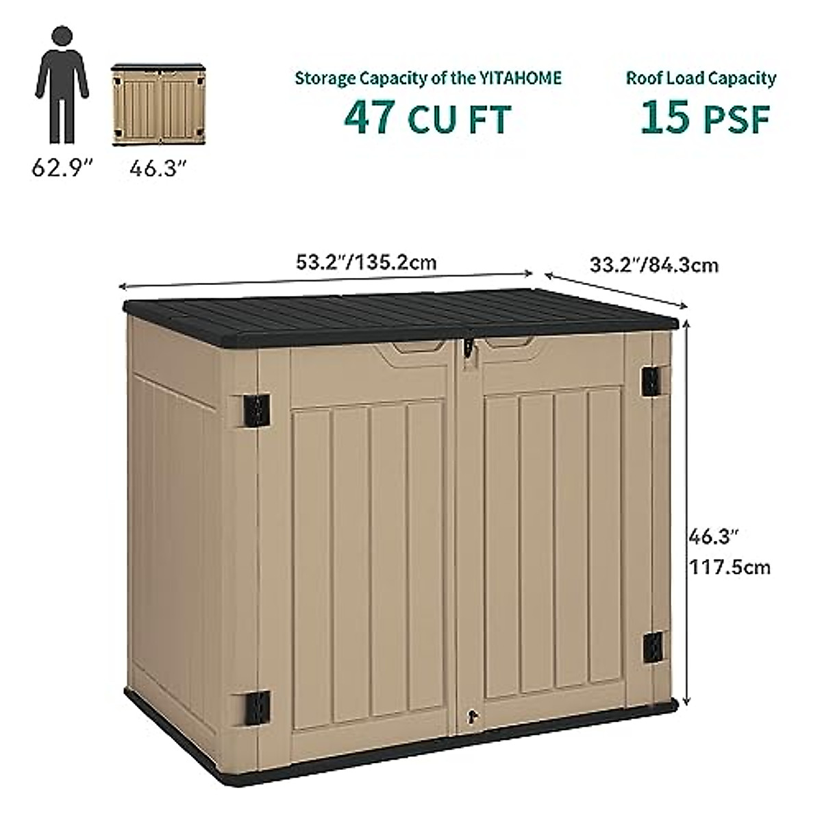 YITAHOME Large Outdoor Horizontal Storage Shed, 47 cu ft Resin Tool Shed w/o Shelf, Outdoor Waterproof Storage with Floor for Trash Cans, Garden Tools, Lawn Mower, Lockable, 4.5x2.8x3.9 ft, Brown