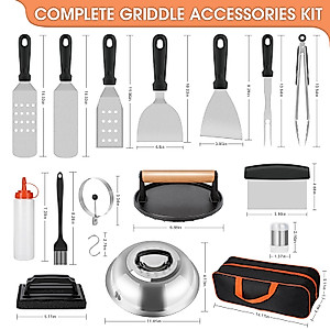 Fjzoys Griddle Accessories Kit, 29 PCS Flat Top Grill Accessories Set for Blackstone and Camp Chef, Metal Grill Spatula Set with Basting Cover, Burger Press, Tongs, Carry Bag for Outdoor Grilling BBQ