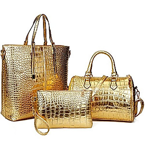 XingChen 3-PC Women PU Handbag+Shoulder Bag+Clutch Crocodile Pattern Top Handle Fashion Satchel Tote Purse Gold