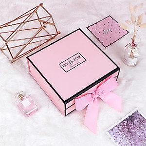 JiaWei Gift Box 9.4x9.4x3.7 Inches, Luxury Gift Boxes with Lid and Ribbon, Magnetic Hard Cardboard Gift Box, Collapsible Bridesmaid Proposal Box, Decorative Box for Presents, Wedding, Birthday(Pink)