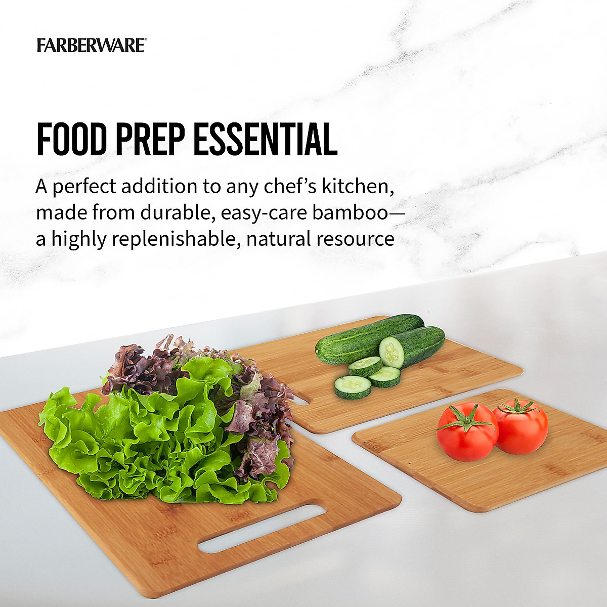Farberware 3-Piece Wood Cutting Board Set, Reversible Chopping Boards for Meal Prep and Serving, Charcuterie Boards, Wooden Cutting Boards with Built-in Handles, Set of 3 Assorted Sizes, Bamboo
