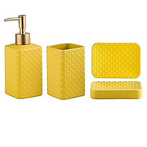 jessie 3 or 4-Piece Ceramic Bath Accessory Set Includes Liquid Soap Lotion Dispenser, Toothbrush Holder, Tumbler, Soap Dish Embossed Matte Bathroom Gift Set (Embossed Matte Yellow Three-Piece Suit)