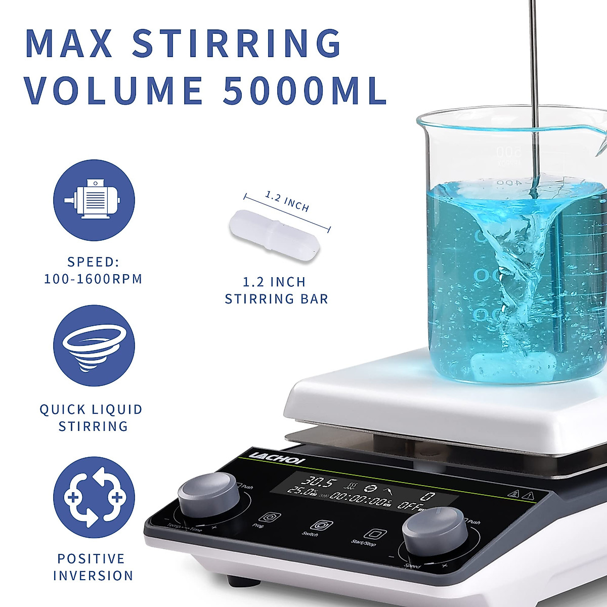 LACHOI Magnetic Stirrer 5.9 inch Digital Hot Plate Magnetic Stir Plate LCD Max 5L Max Temp.300℃ 100-1600RPM Ceramic Coated Magnetic Mixer with Stir Bar&Temp Probe Sensor,Support Stand Included