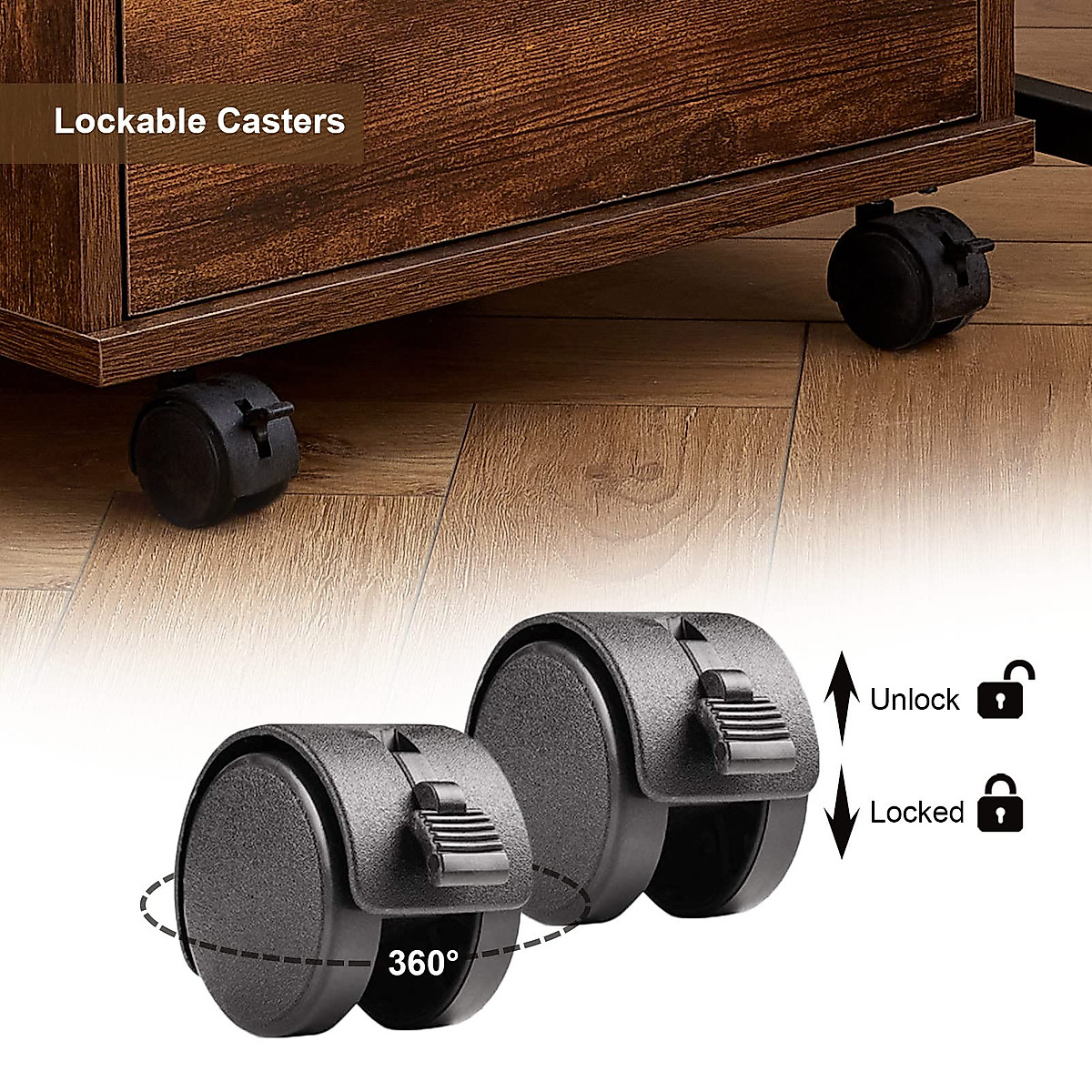 TUKAILAi Mobile File Cabinet with Lockable Drawer & Door, Under Desk Rolling Filing Cabinet with 4 Wheels, Wooden Stationery Storage Cabinet for Home Office (Rustic Brown)