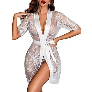 Avidlove sheer lingerie Women Kimono Robe Floral Lace Babydoll Lingerie Sheer Mesh Nightgown White L