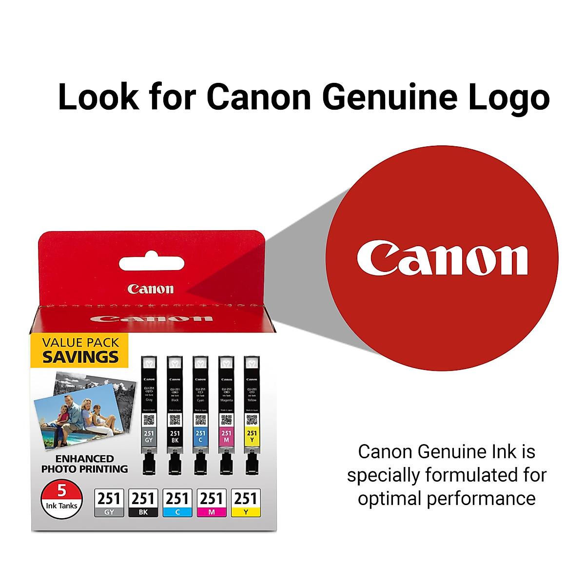 Canon CLI-251 BK/C/M/Y/GY 5 Color Value Pack Compatible to MG7520, MG5620, MG6620