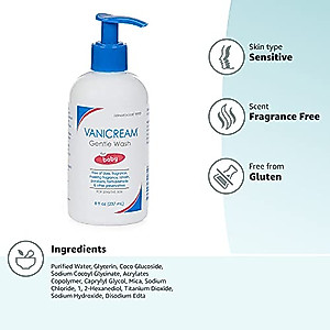 Vanicream Gentle Wash with Pump for Baby -Ideal for Normal to Sensitive/Dry Skin, Gluten and Sulfate Free, Dermatologist Tested, Transparent, Unscented, 8 Fl Oz