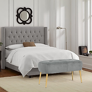 Adeco Upholstered Velvet Ottoman, 33 inch Entryway, End of Bed Benches Stool with Golden Metal Legs for Bedroom, Living Room Footrest, Grey-2