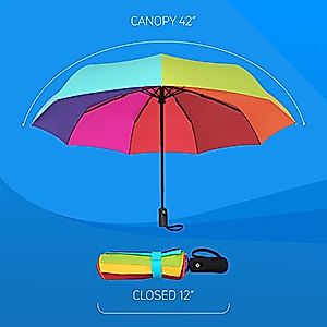 Rain-Mate Compact Travel Umbrella - Pocket Portable Folding Windproof Mini Umbrella - Auto Open and Close Button and 9 Rib Reinforced Canopy (Rainbow)