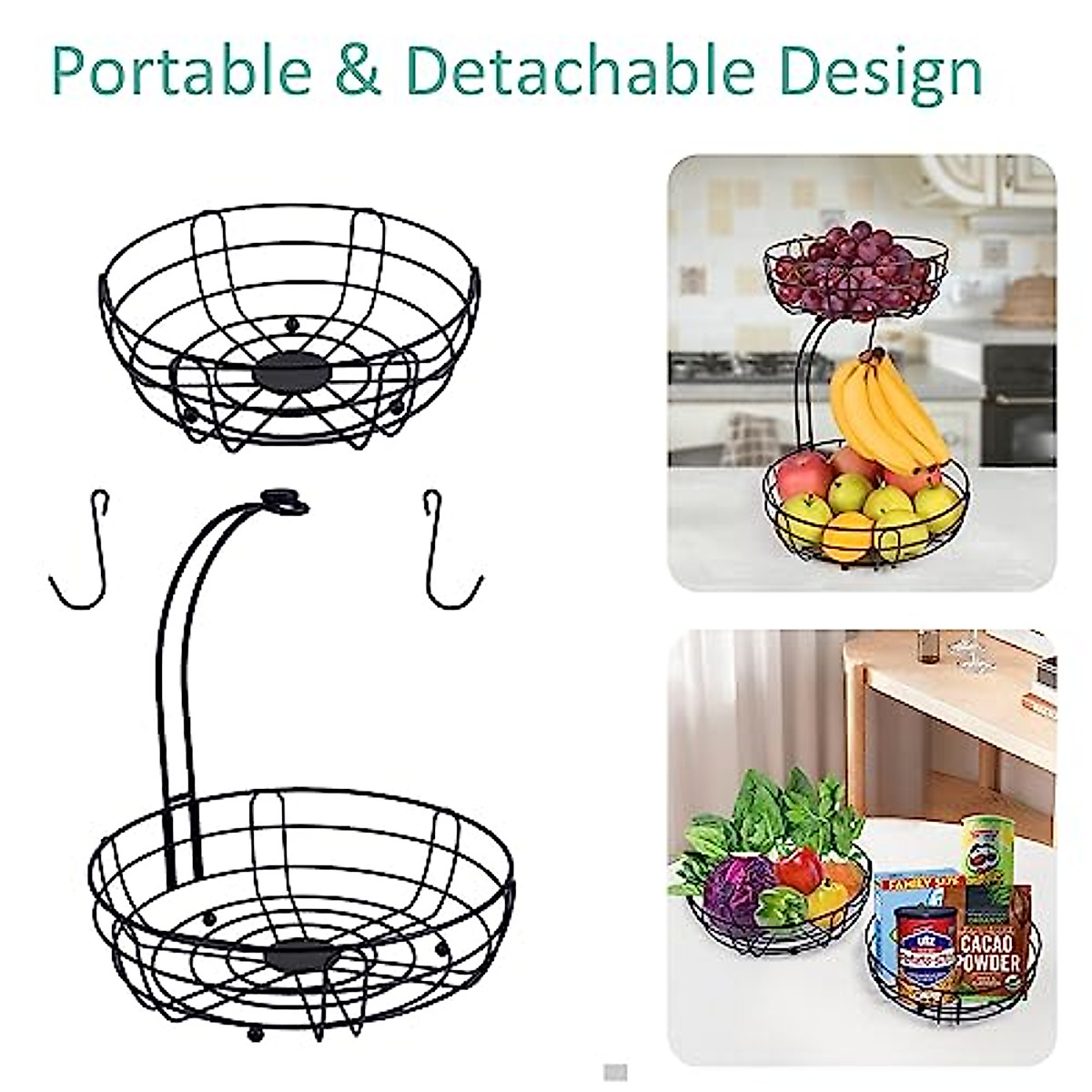 Sishynio 2-Tier Fruit Basket Bowl with 2 Banana Hangers for Kitchen Counter, Metal Wire Basket Vegetable Storage Countertop Fruits Stand Organizer, Detachable Fruit Holder for Bread, Snack, Veggies