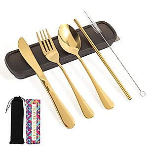 Gold Travel Utensils, Stainless Steel Knives Forks and Spoons Silverware Set, Portable Camping Utensils Set, Set of 7 Gold Utensils Set for School, Work, Camping, Hiking