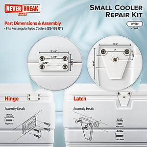 NeverBreak Parts - Igloo Cooler Replacement Parts - Small White Kit (2 Hinges, 1 Latch with Post and Screws) | High Strength Igloo Cooler Hinges Replacement with Latch