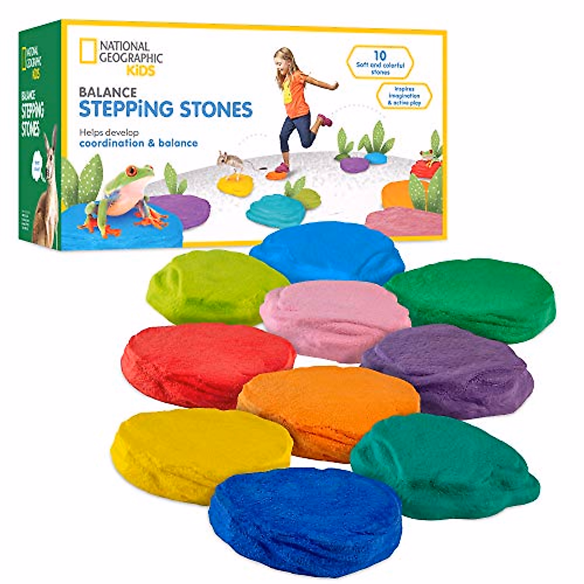 NATIONAL GEOGRAPHIC Stepping Stones for Kids – 10 Soft Durable Stones Encourage Toddler Balance & Gross Motor Skills, Indoor & Outdoor Toys, Balance Stones, Obstacle Course (Amazon Exclusive)