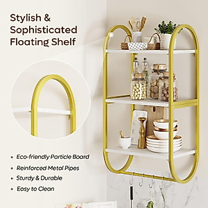 Bestier Floating Shelves for Wall, 3 Tier Wall Shelves for Bathroom with Towel Bar and Hooks, Bathroom Shelves Over Toilet, Modern White