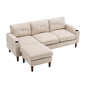 Dolonm L-Shape Modern Sofa, Sectional Couch with Built-in USB Port and Convenient Cup Holder, 3-Seater Sofa with Storage Ottoman, Couch for Living Room, Office, Apartment, Beige