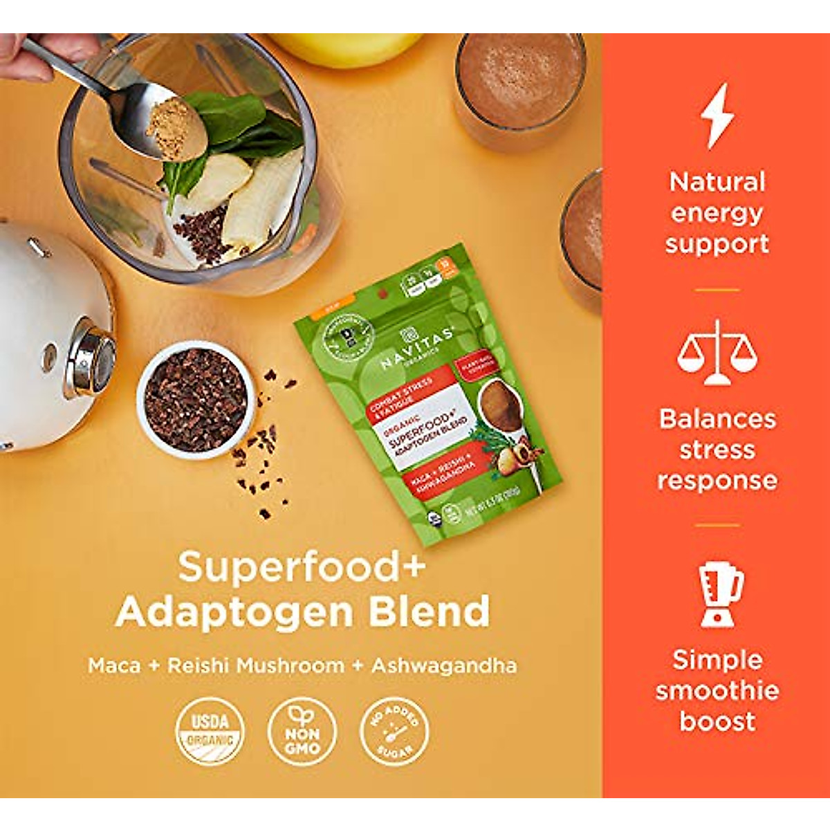 Navitas Organics Superfood+ Adaptogen Blend for Stress Support (Maca + Reishi + Ashwagandha), 6.3oz bag, 30 Servings — Organic, Non-GMO, Vegan, Gluten-Free, Keto & Paleo.