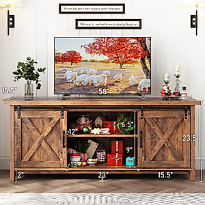Elibeauty Farmhouse TV Stand for 55-65in TV with Adjustable Shelves & Sliding Barn Door - Rustic, Wooden Entertainment Center & Media Cabinet for Bedroom, Living Room (Dark Brown, 58in)