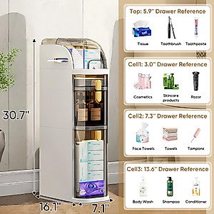 3-Tier Slim Bathroom Storage Cabinet, Waterproof Narrow Bathroom Storage Cabinet with Drawers& Toilet Paper Holder, Movable Bathroom Organizers for Small Space, Kitchen, Laundry,Bedroom,Out of Box