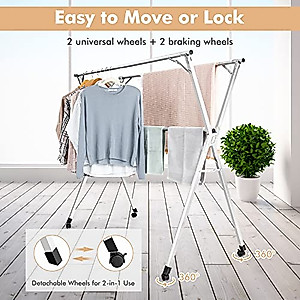 Tangkula Clothes Drying Rack with Wheels, Freestanding Stainless Steel Garment Rack for Laundry, Adjustable and Foldable, No Assembly Need, Space Saving Laundry Drying Rack for Indoor Outdoor