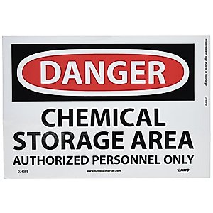 NMC D240PB DANGER - CHEMICAL STORAGE AREA - AUTHORIZED PERSONNEL ONLY – 14 in. x 10 in. PS Vinyl Danger Sign with White/Black Text on Red/White Base
