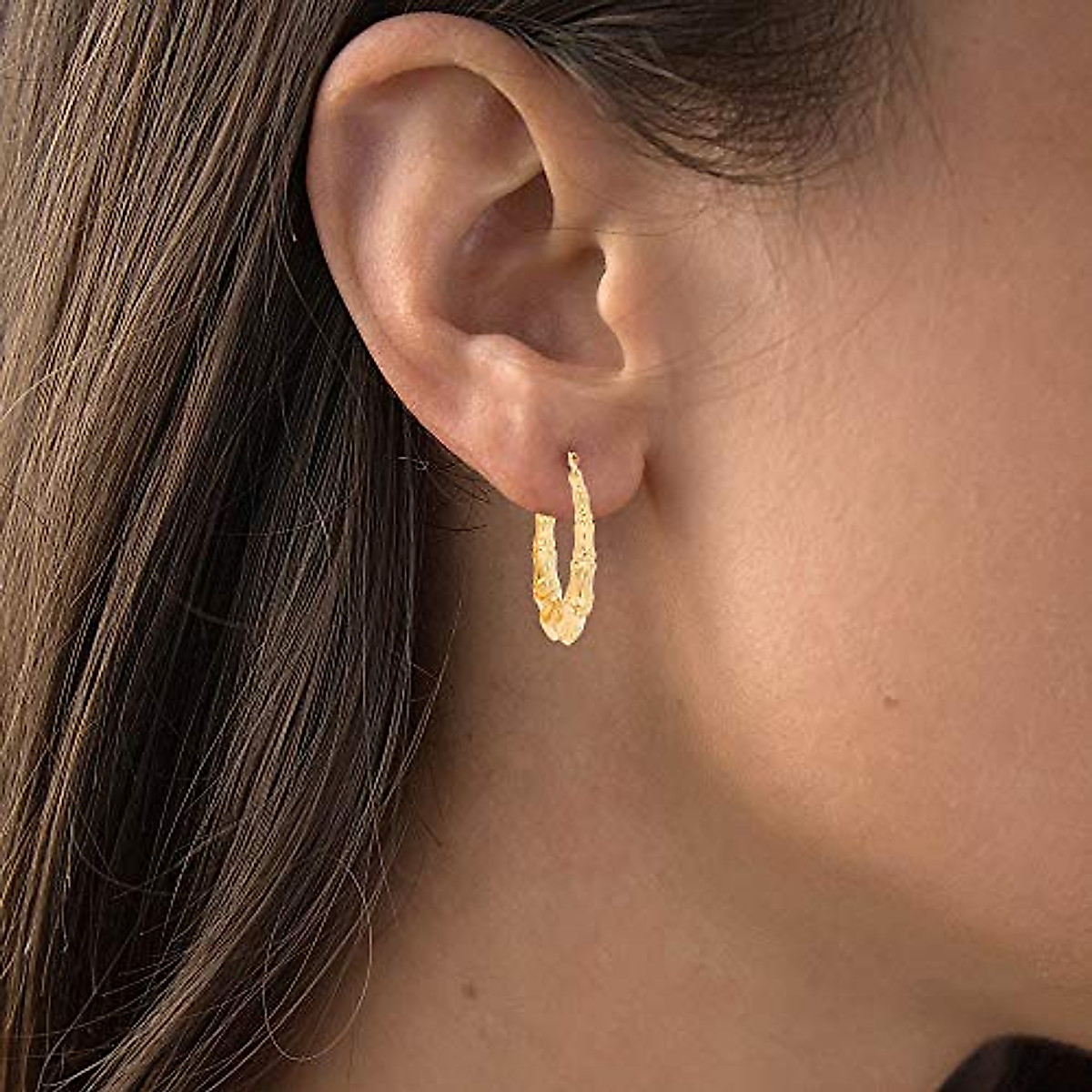 14K Yellow Gold 4.50mm Thick Fancy Bamboo Hoop Earrings with Hinged Clasp | 4.50x30mm Hoop | Round Hoop Earrings | Solid Gold Earrings For Women
