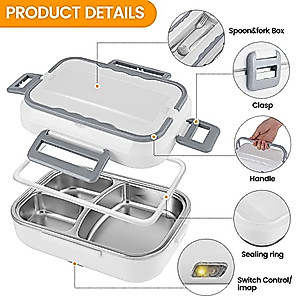 EinNana Electric Lunch Box Food Warmer for Office、Car Truck Hot Meals Boxes Heater. 60W/12/24/110V. 1.5L 3 in1 Portable Food Heating Lunch Boxes with Spoon & Fork and Thermal Bag(White)